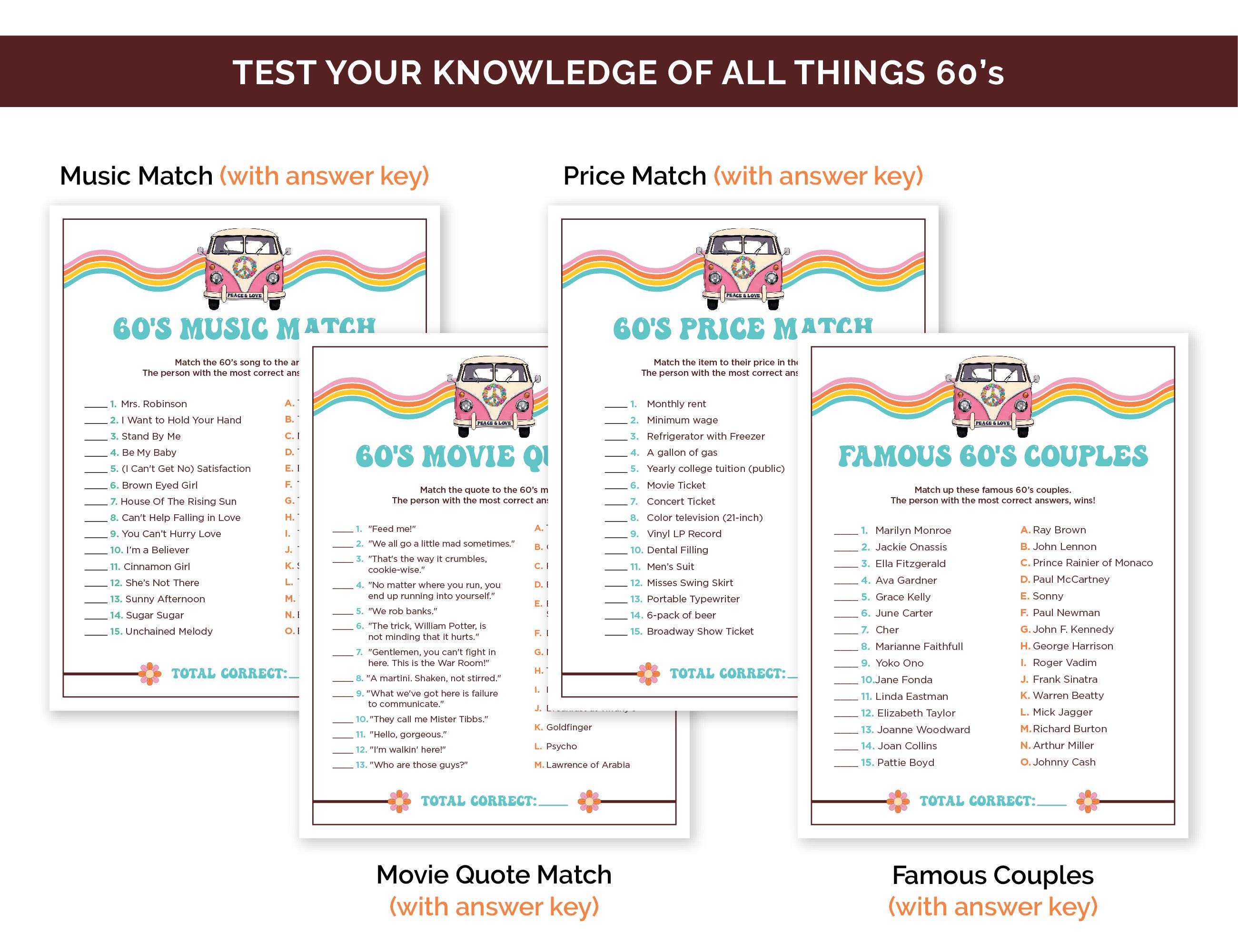 60s Party Games, Printable Games Bundle for a 60s Theme Party, Back to ...