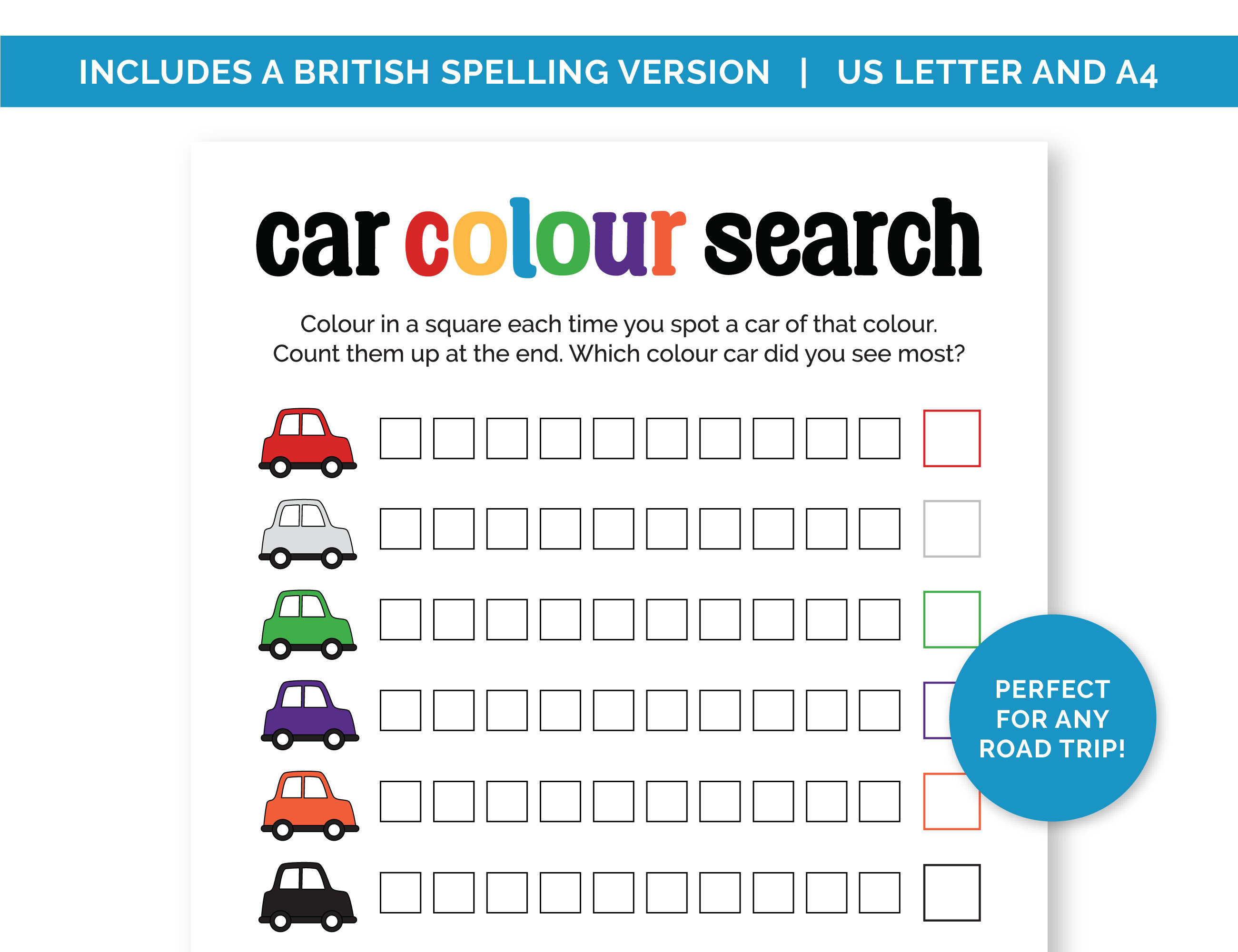 Counting Coloured Cars Printable, Road Trip Game for Kids, Car ...