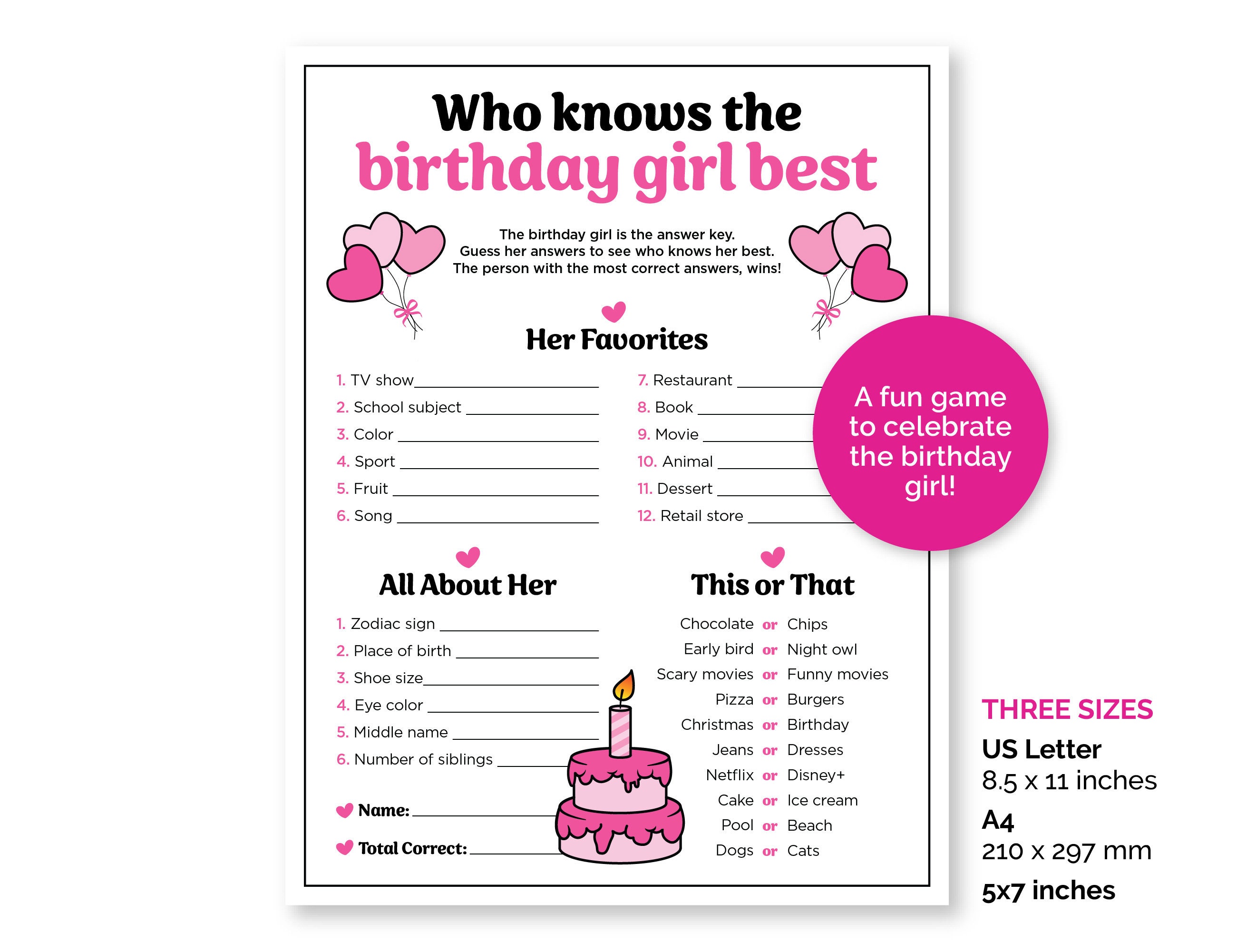 Who Knows the Birthday Girl Best, Printable Birthday Girl Trivia Game ...
