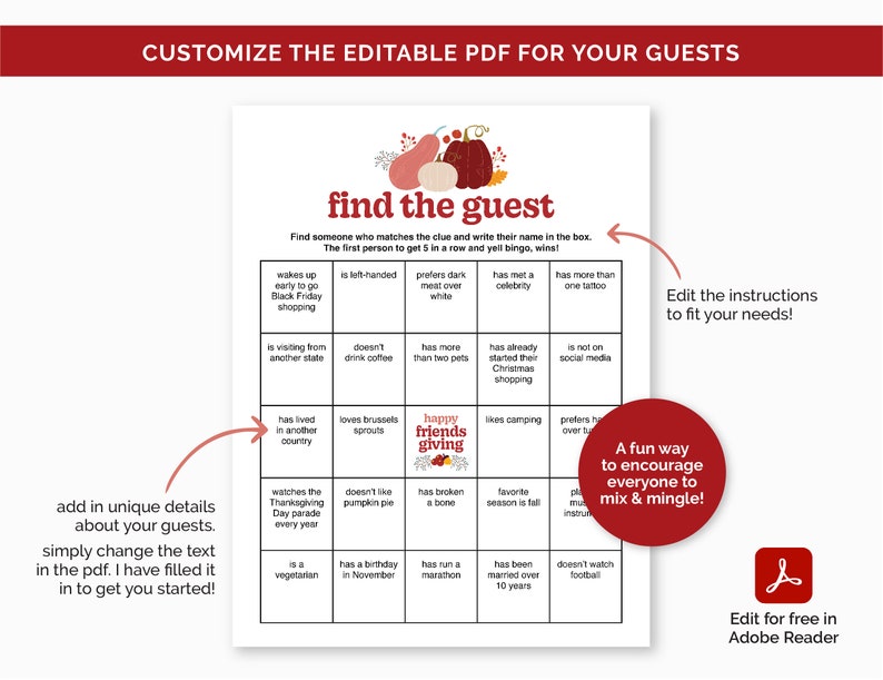 Editable Friendsgiving Find the Guest Bingo Game, Friendsgiving Party ...