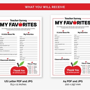 Teacher Favorites Survey, Printable Teacher's Favorite Things ...