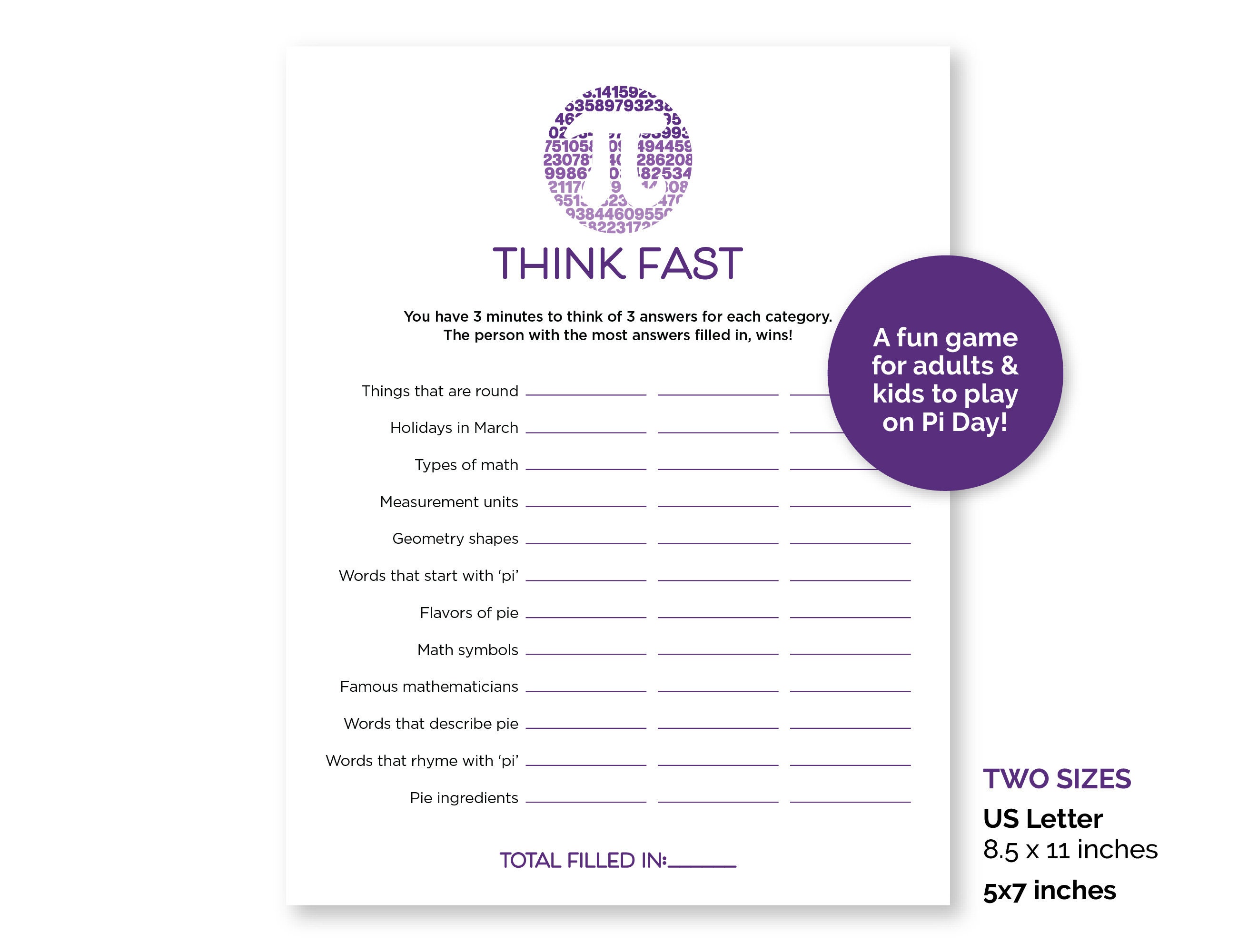 Pi Day Think Fast, Printable Quick Think Pi Day Party Game for Adults ...
