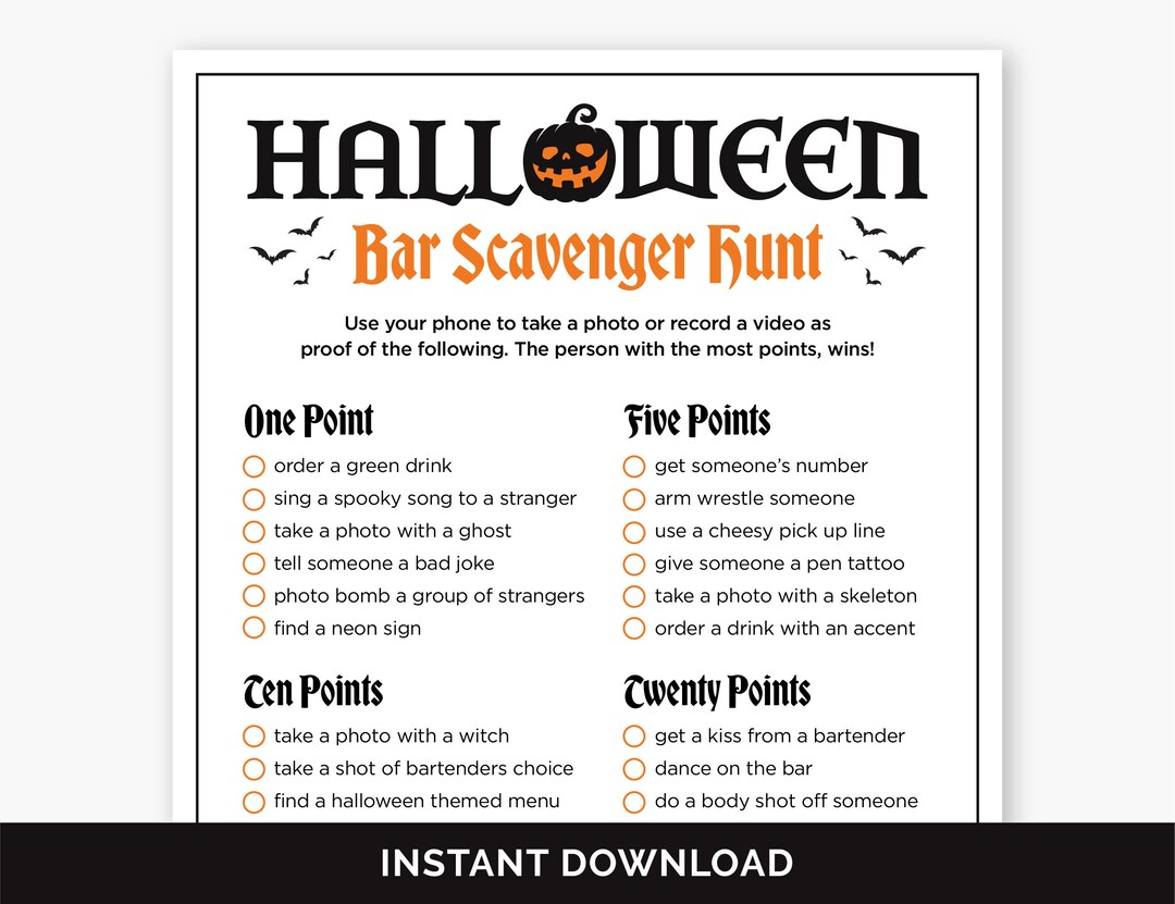 Halloween Bar Scavenger Hunt, Printable Halloween Bar Game for Adults ...