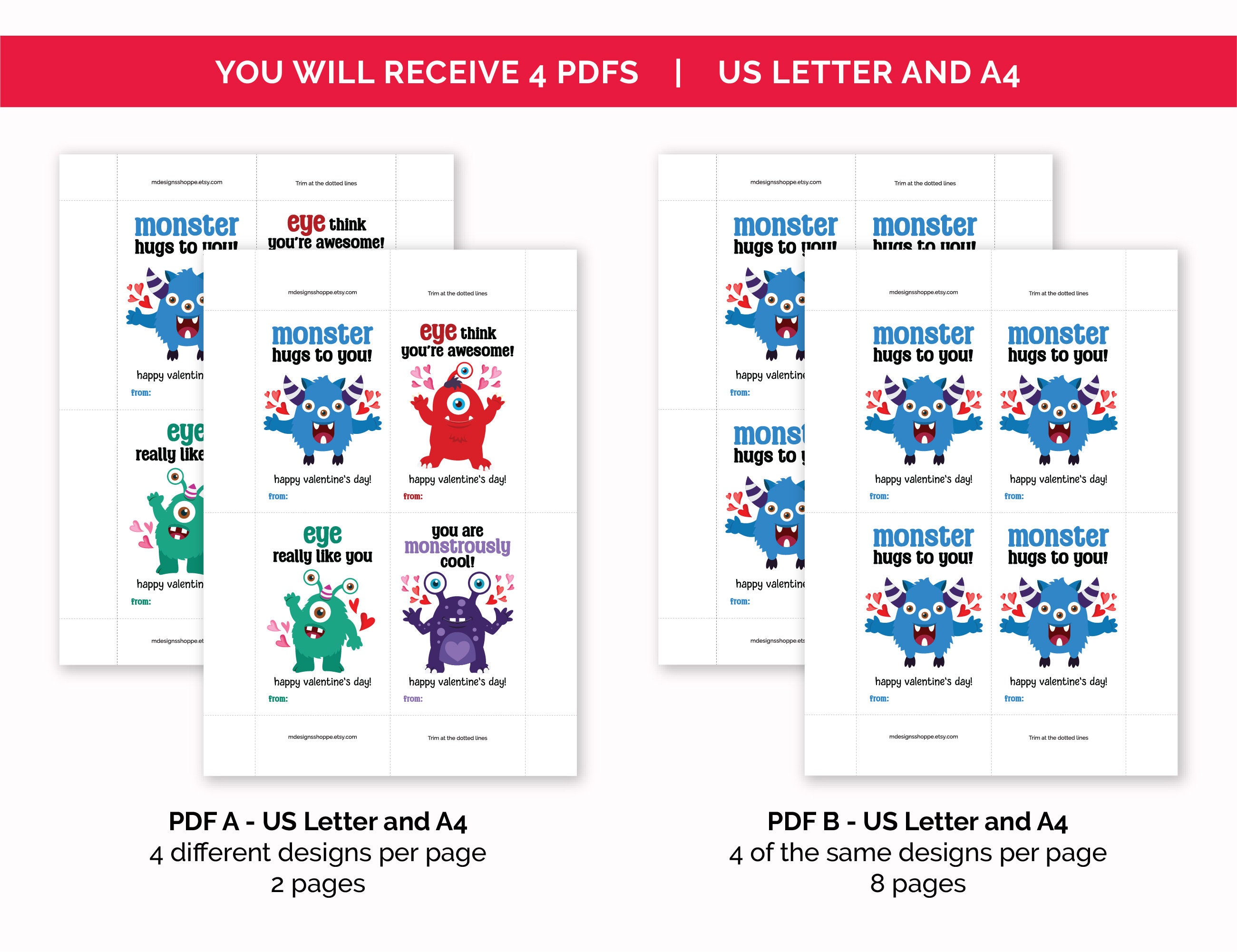 Monster Valentines for Kids, Printable Daycare & Preschool Valentine's ...