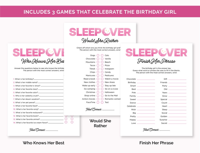 Sleepover Birthday Party Games Printable Games Bundle for a - Etsy