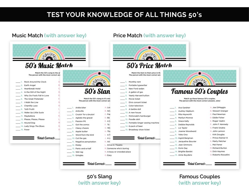 50s Party Games, Printable Games Bundle for a 50s Themed Party, Back to ...