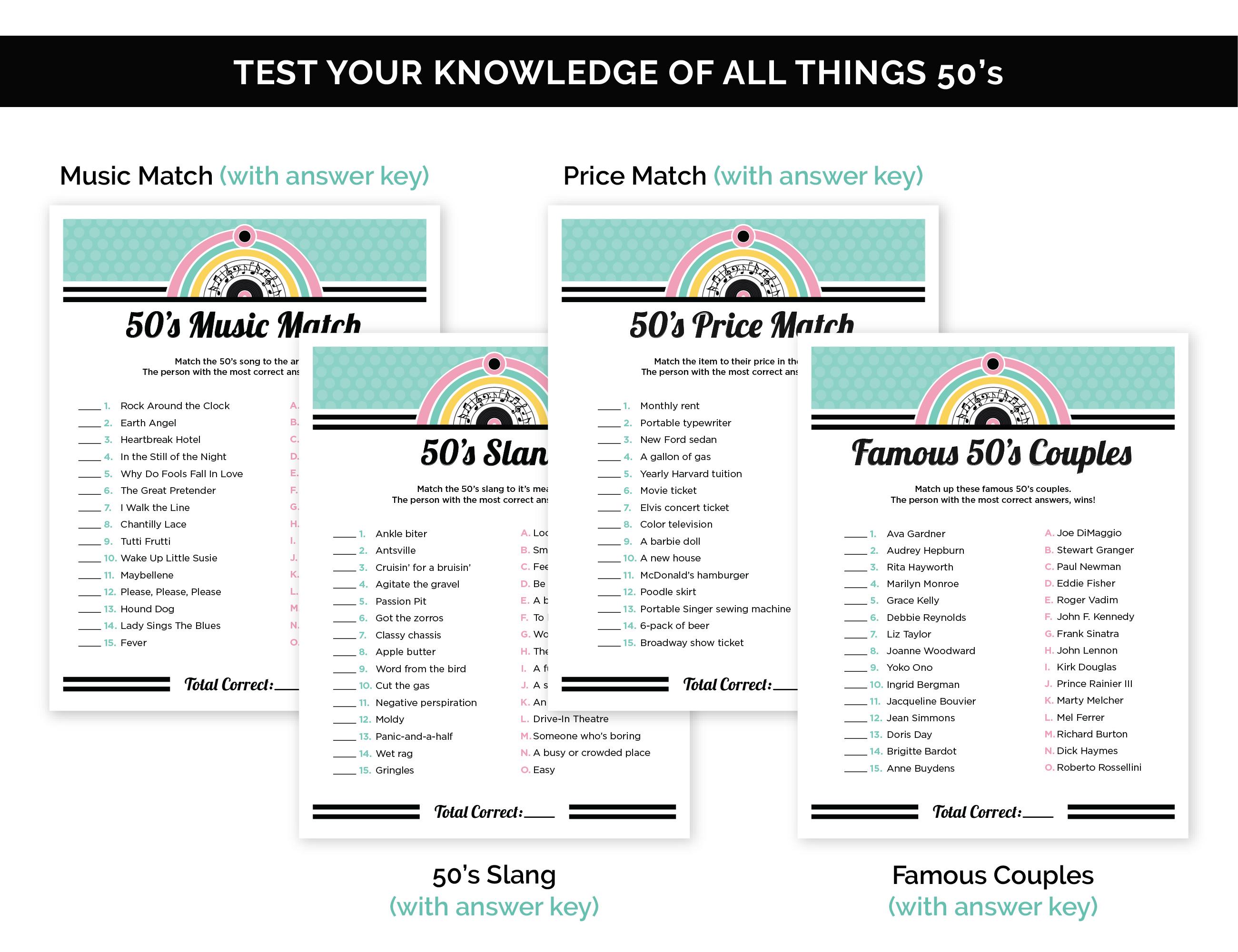 50s Party Games, Printable Games Bundle for a 50s Themed Party, Back to ...