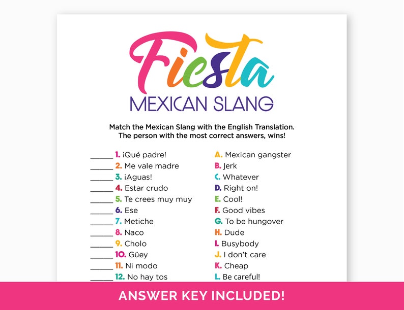 Fiesta Mexican Slang Game, Printable Trivia Game for a Fiesta Birthday ...