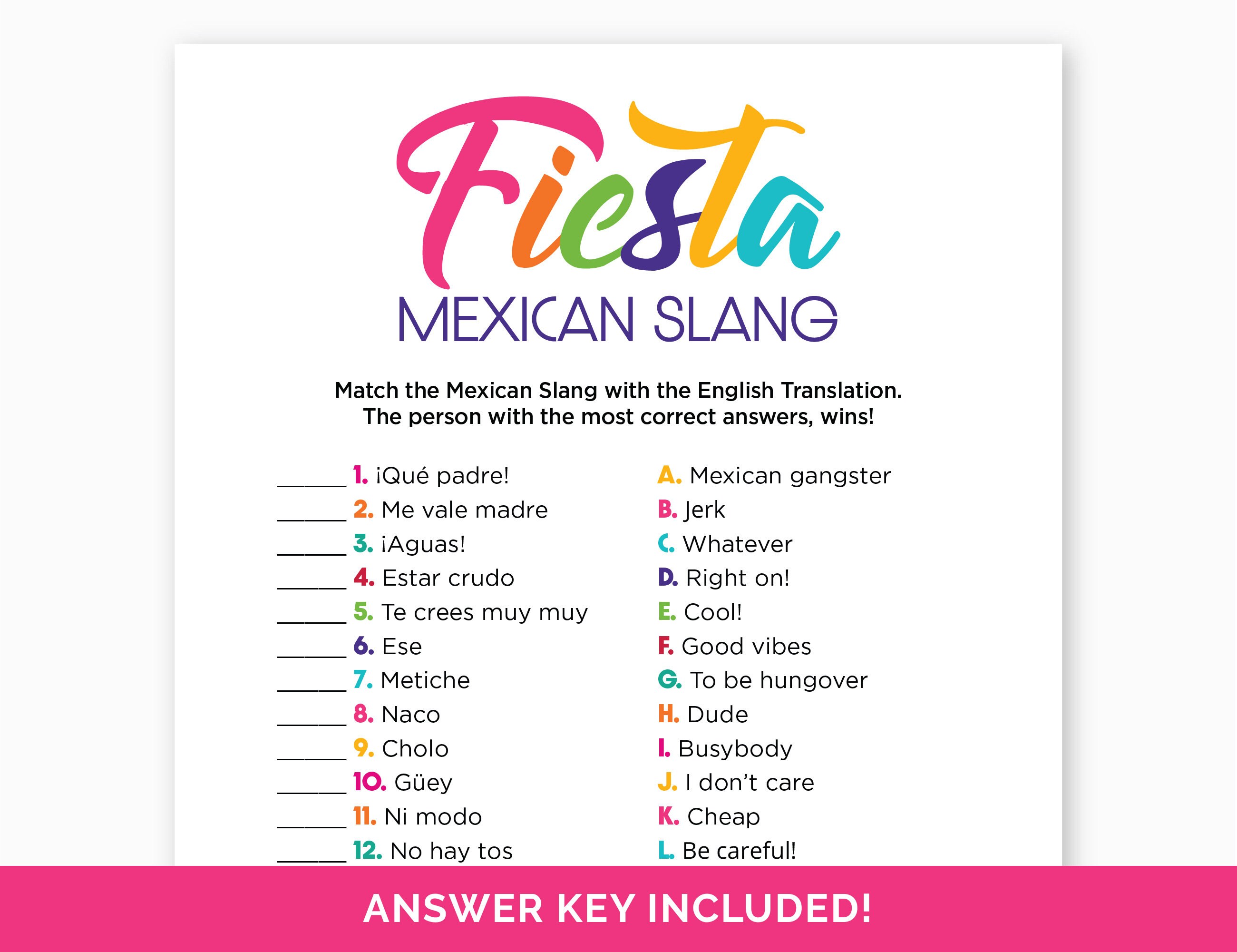 Fiesta Mexican Slang Game, Printable Trivia Game for a Fiesta Birthday ...