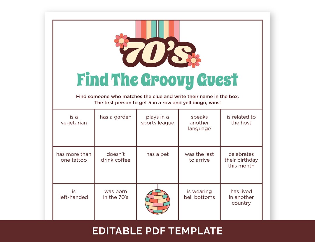 Editable 70s Find the Guest Bingo, Icebreaker Game for a Retro 70s ...