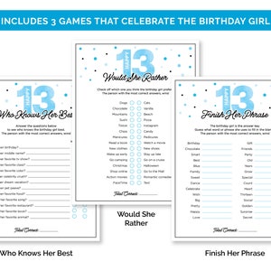 Blue 13th Birthday Party Games, Printable Thirteenth Birthday Games ...