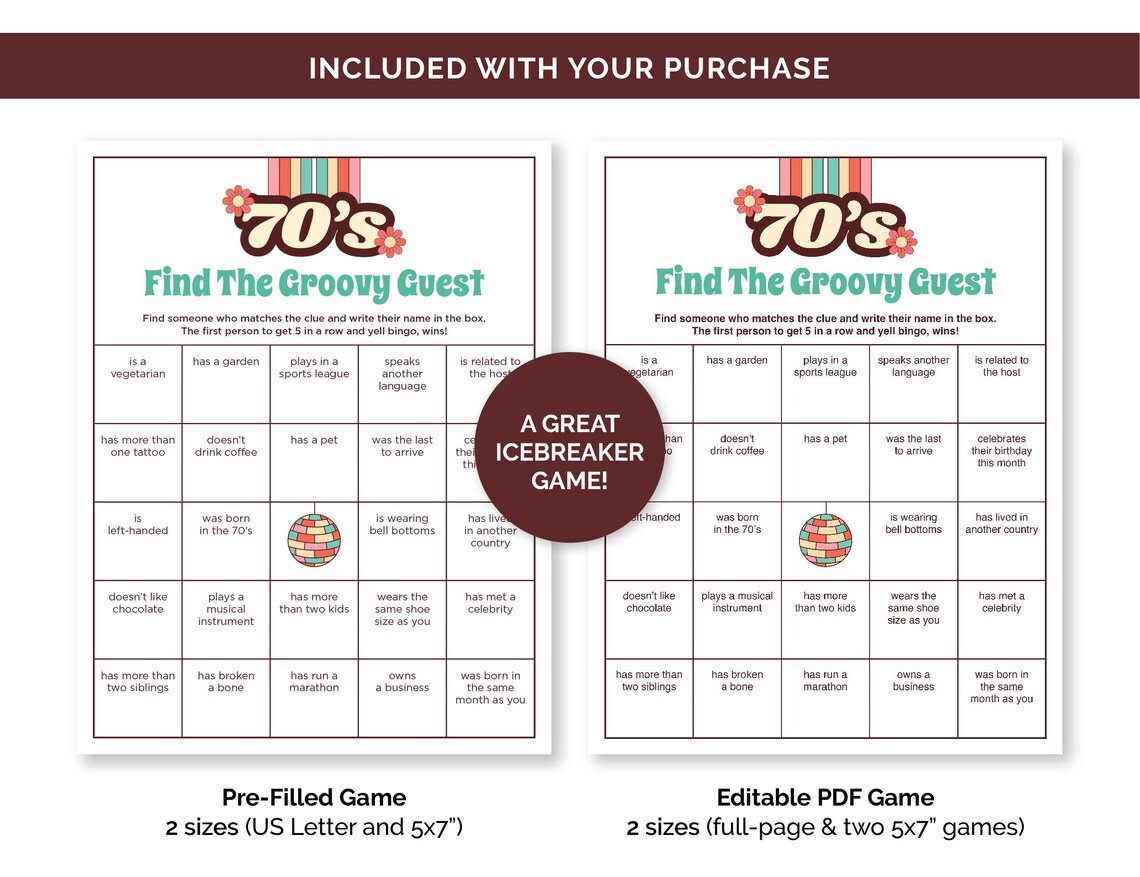 Editable 70s Find the Guest Bingo, Icebreaker Game for a Retro 70s ...