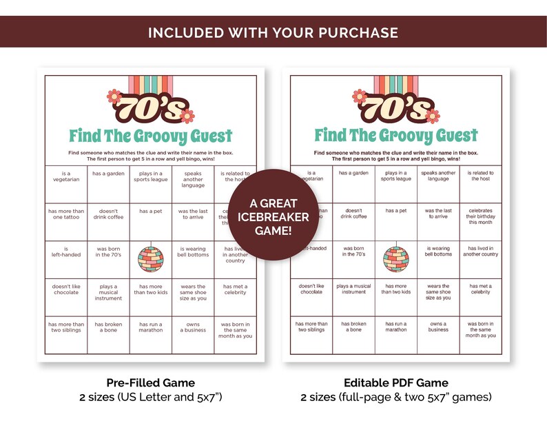 Editable 70s Find the Guest Bingo, Icebreaker Game for a Retro 70s ...