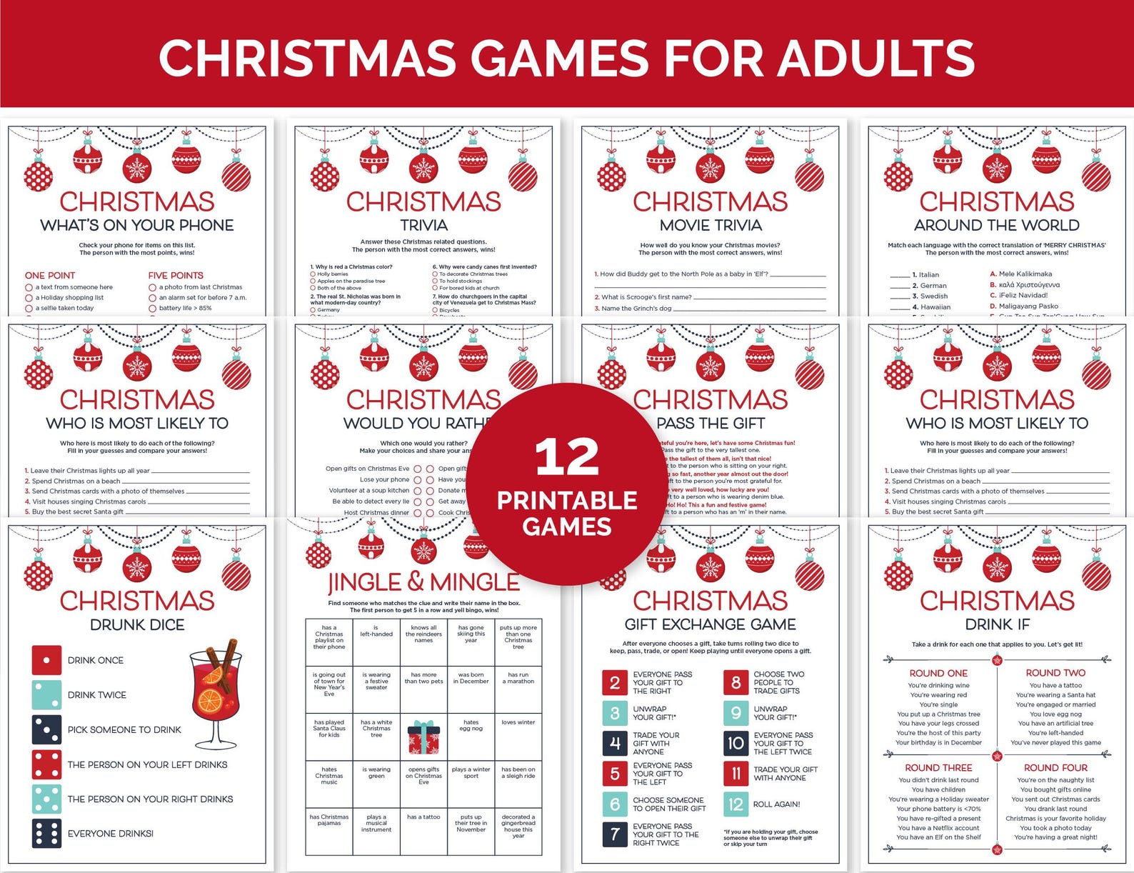 Christmas Party Games for Adults, Printable Holiday Party Games Bundle ...