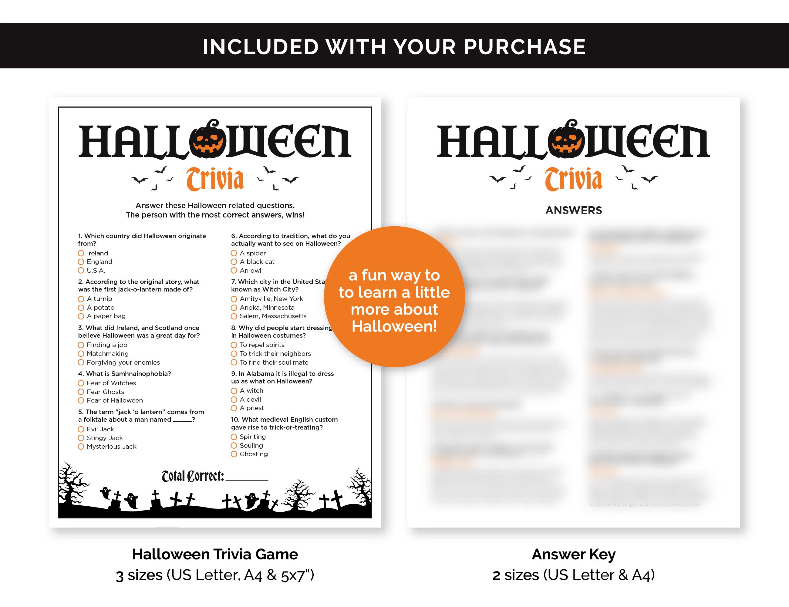 Halloween Trivia Game, Printable Quiz With Answers for a Family, Office ...