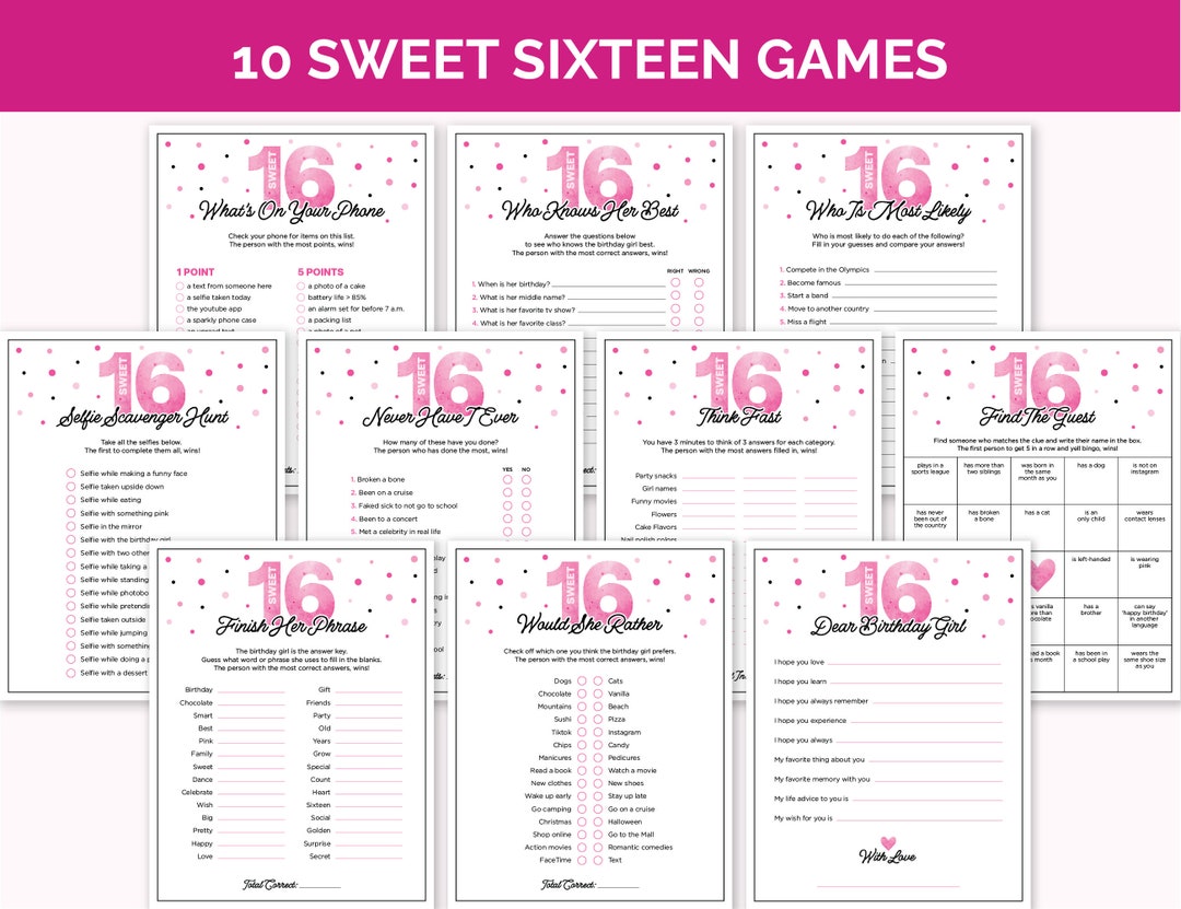 Sweet 16 Games for Girls, Printable Sweet Sixteen Birthday Game Bundle ...