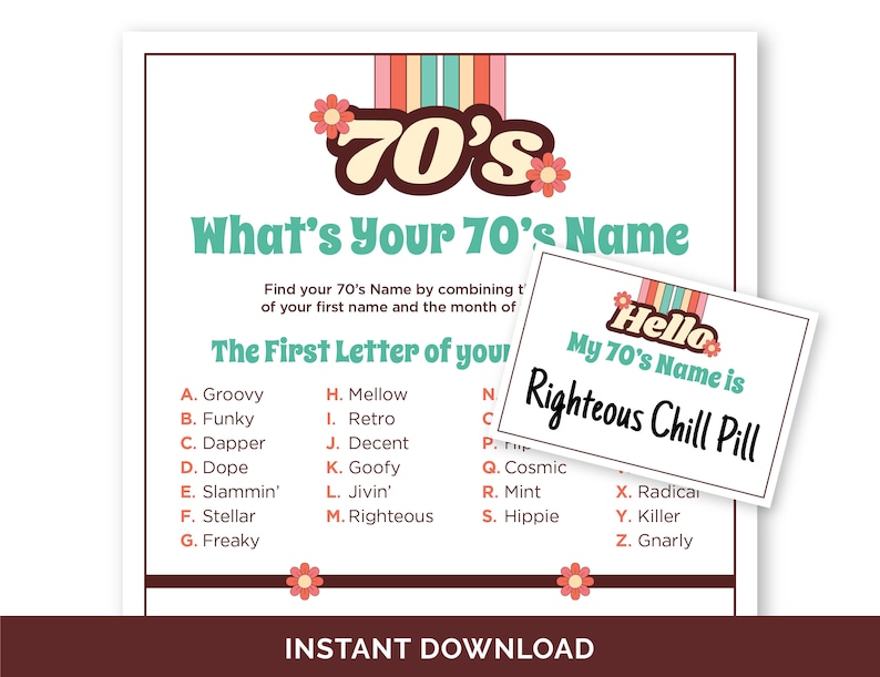 What's Your 70s Name Game, Printable Groovy 70s Party Game for Adults ...