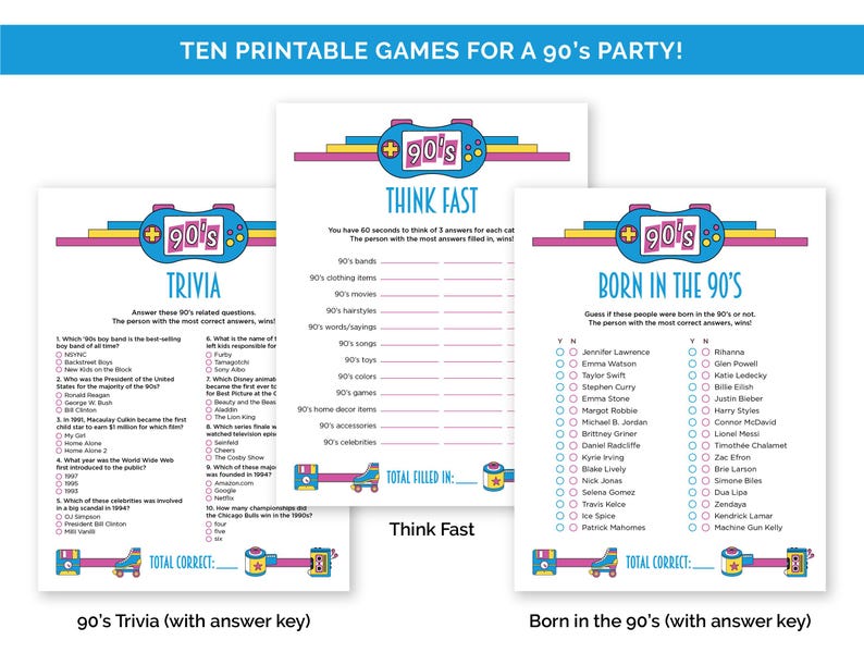 90s Party Games, Printable Game Bundle for a 90s Theme Party, Games for ...