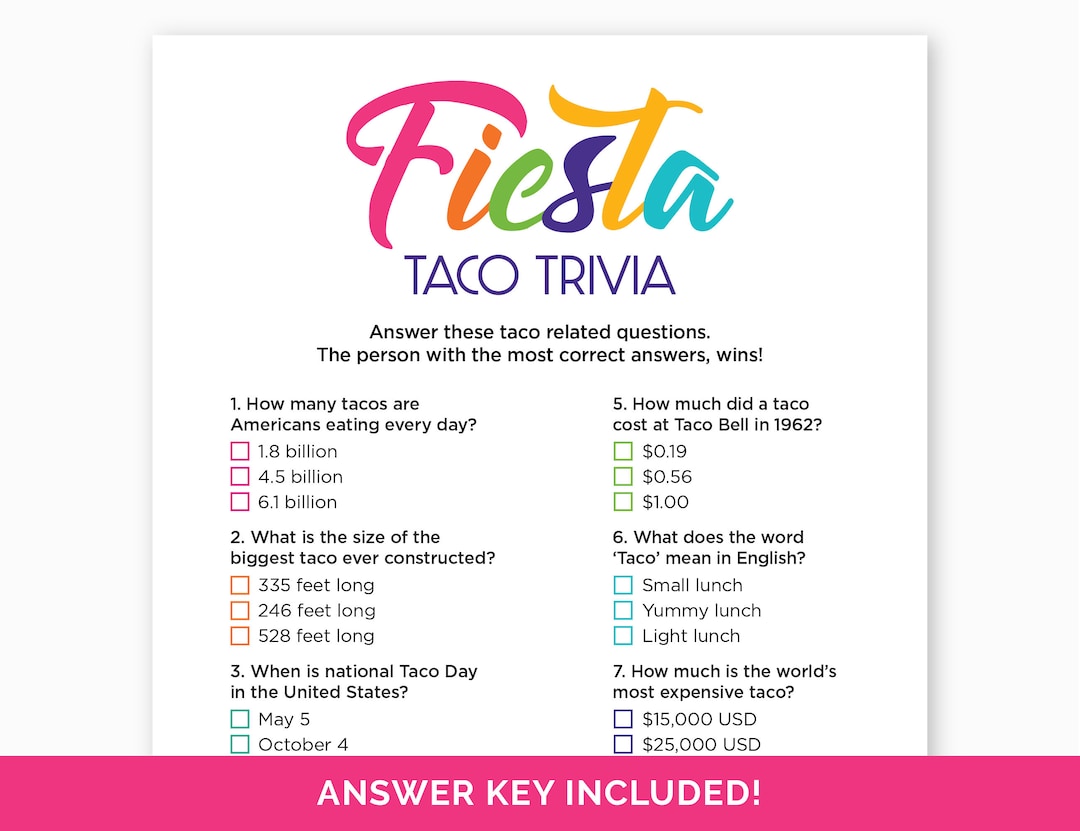 Fiesta Taco Trivia Game, Printable Trivia Game for a Taco Party, Final ...