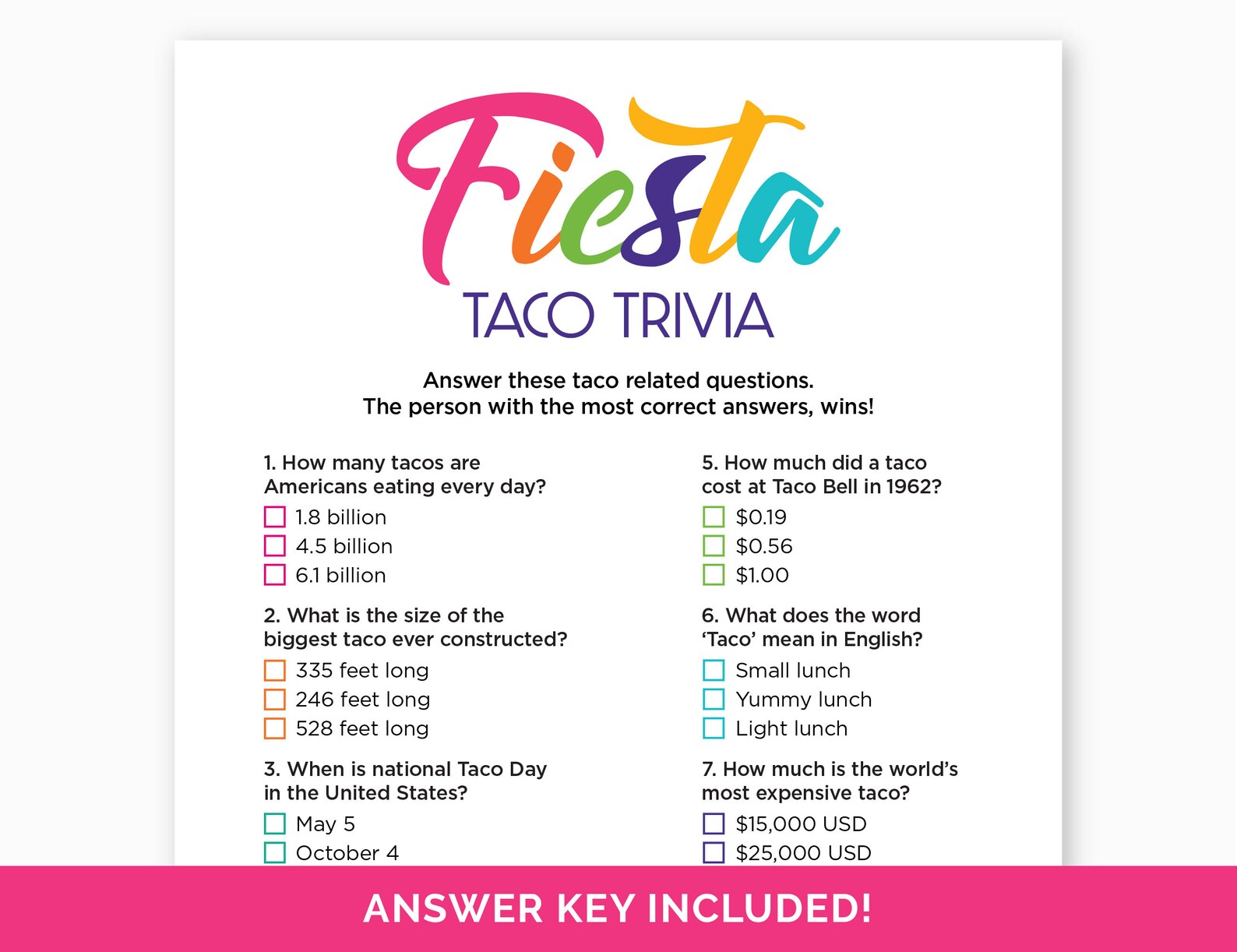 Fiesta Taco Trivia Game, Printable Trivia Game for a Taco Party, Final ...