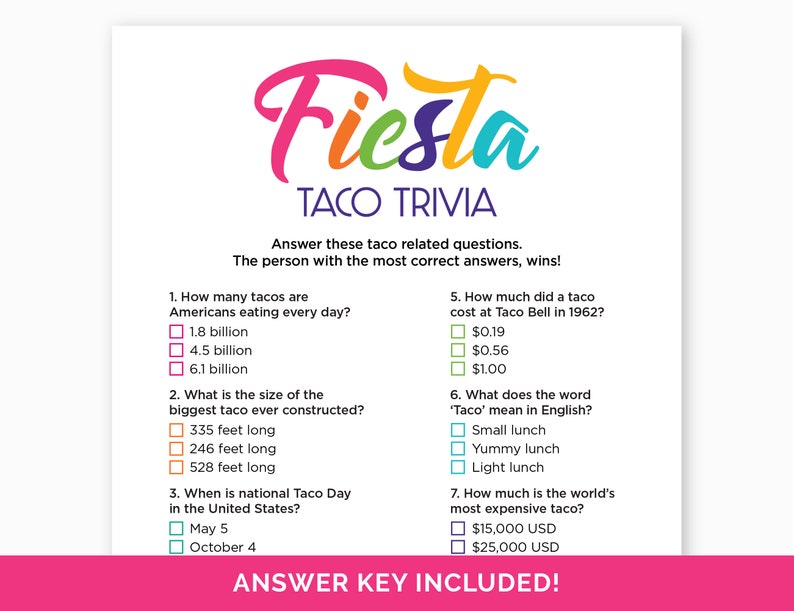 Fiesta Taco Trivia Game, Printable Trivia Game for a Taco Party, Final ...