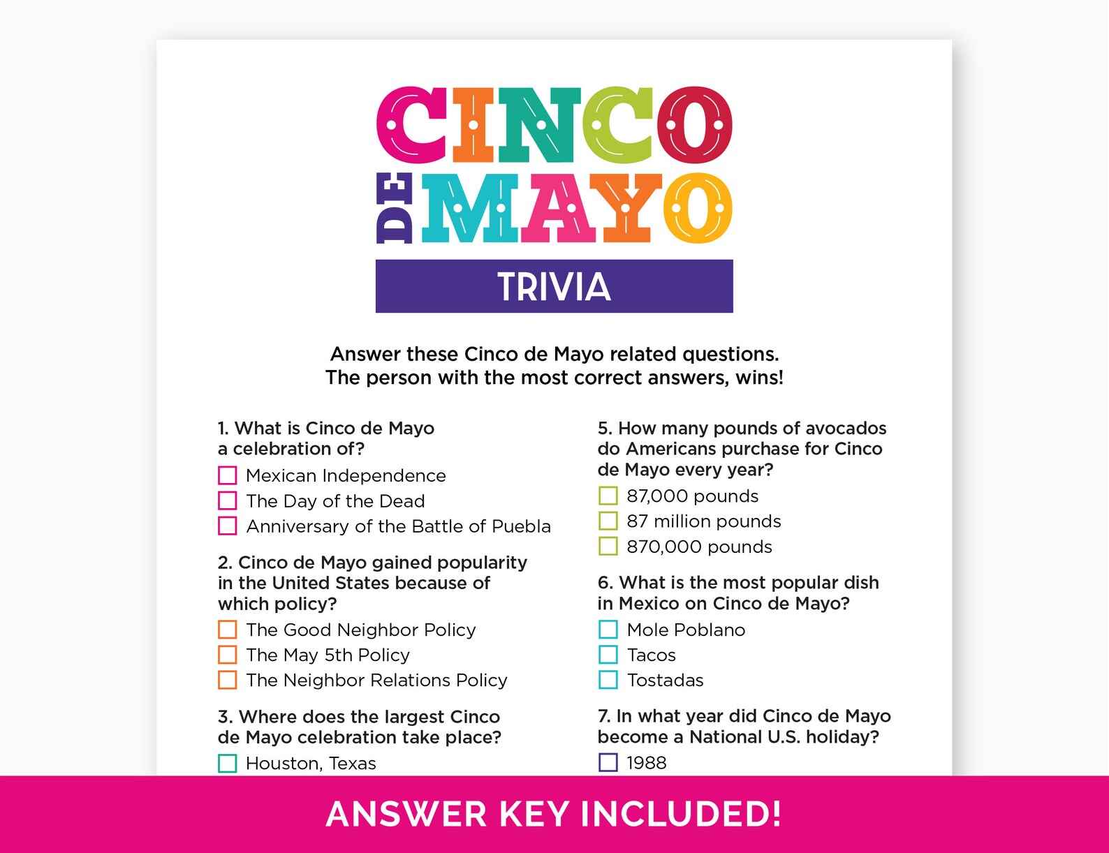 Cinco De Mayo Trivia Game, Printable Quiz With Answers for a Mexican ...