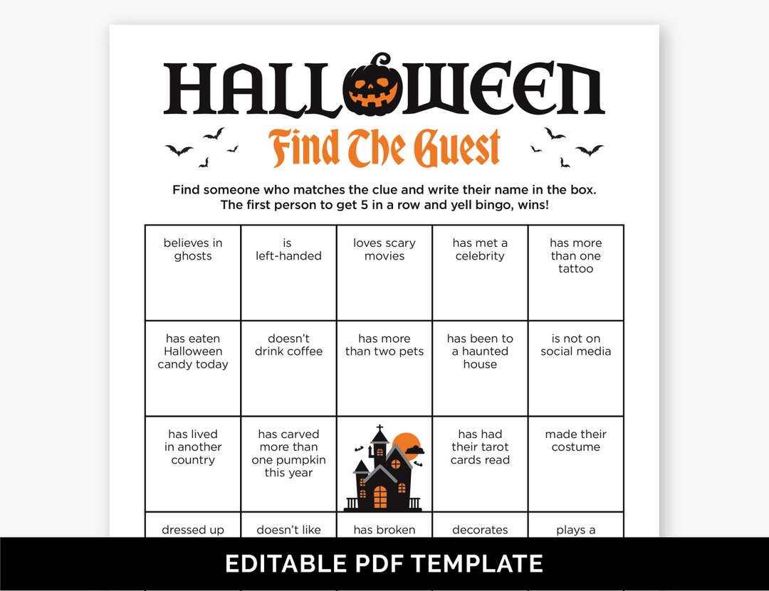 Editable Halloween Find the Guest Bingo Game, Icebreaker Game for a ...
