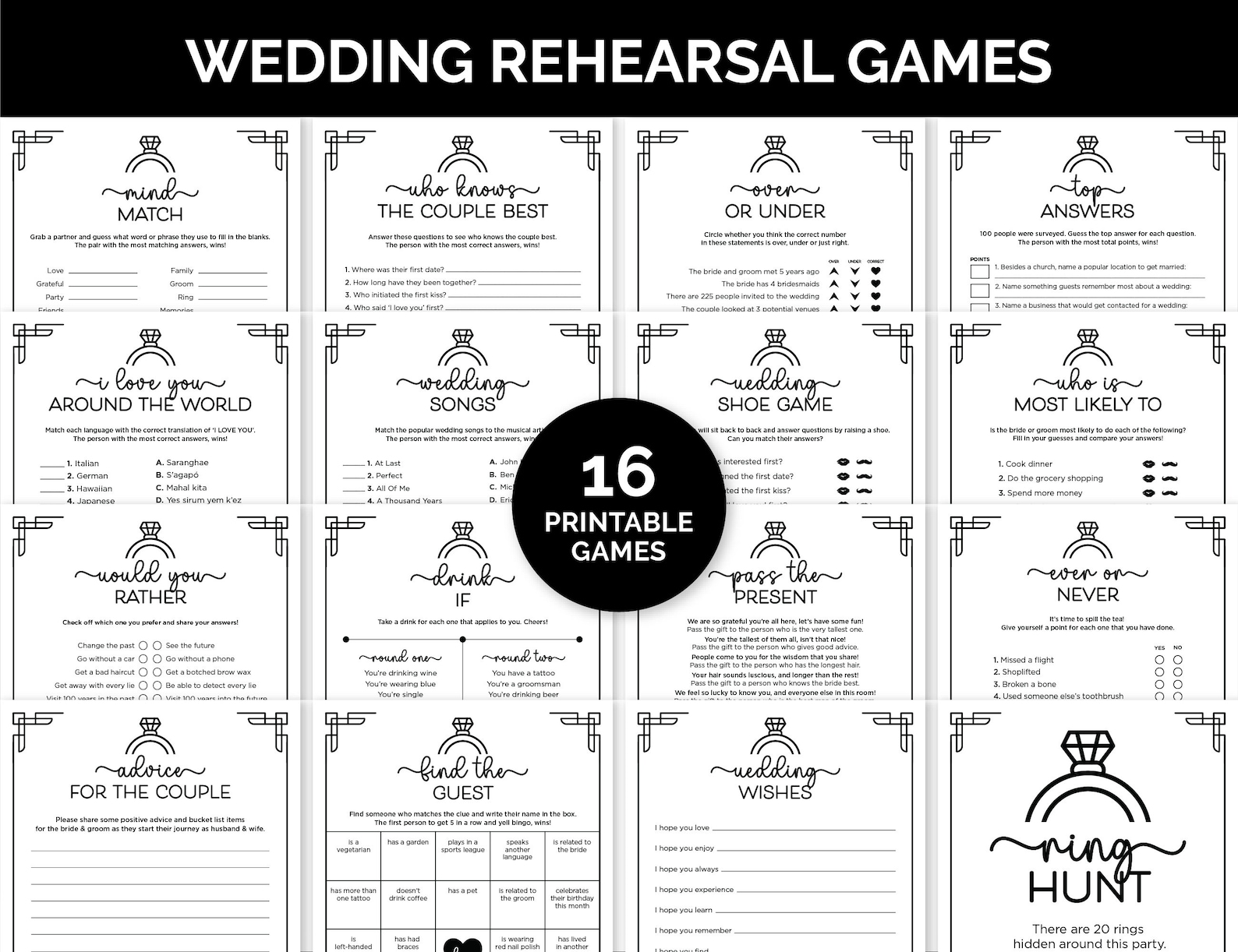 Wedding Rehearsal Games, Printable Games Bundle for a Rehearsal Dinner ...