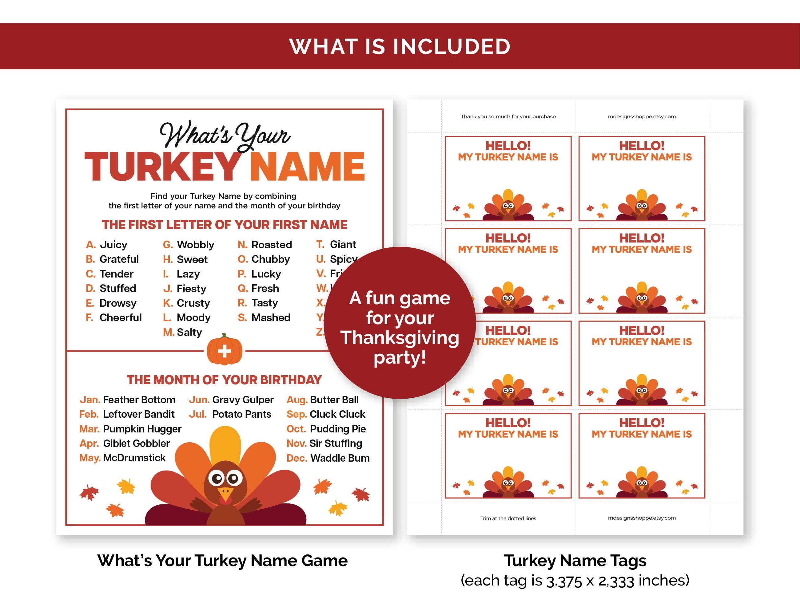 What's Your Turkey Name Game, Printable Thanksgiving Party Game for ...