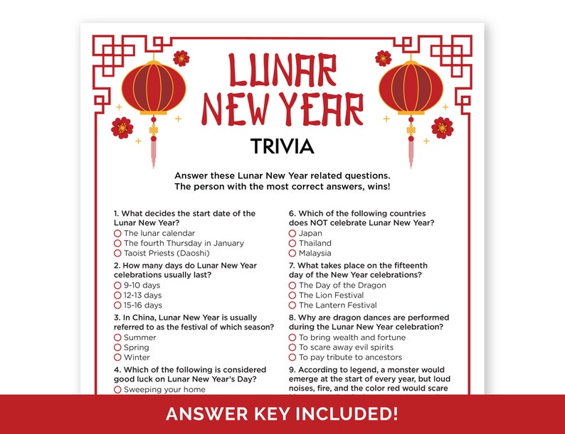 Lunar New Year Trivia Game, Printable Quiz for a Family or Classroom ...