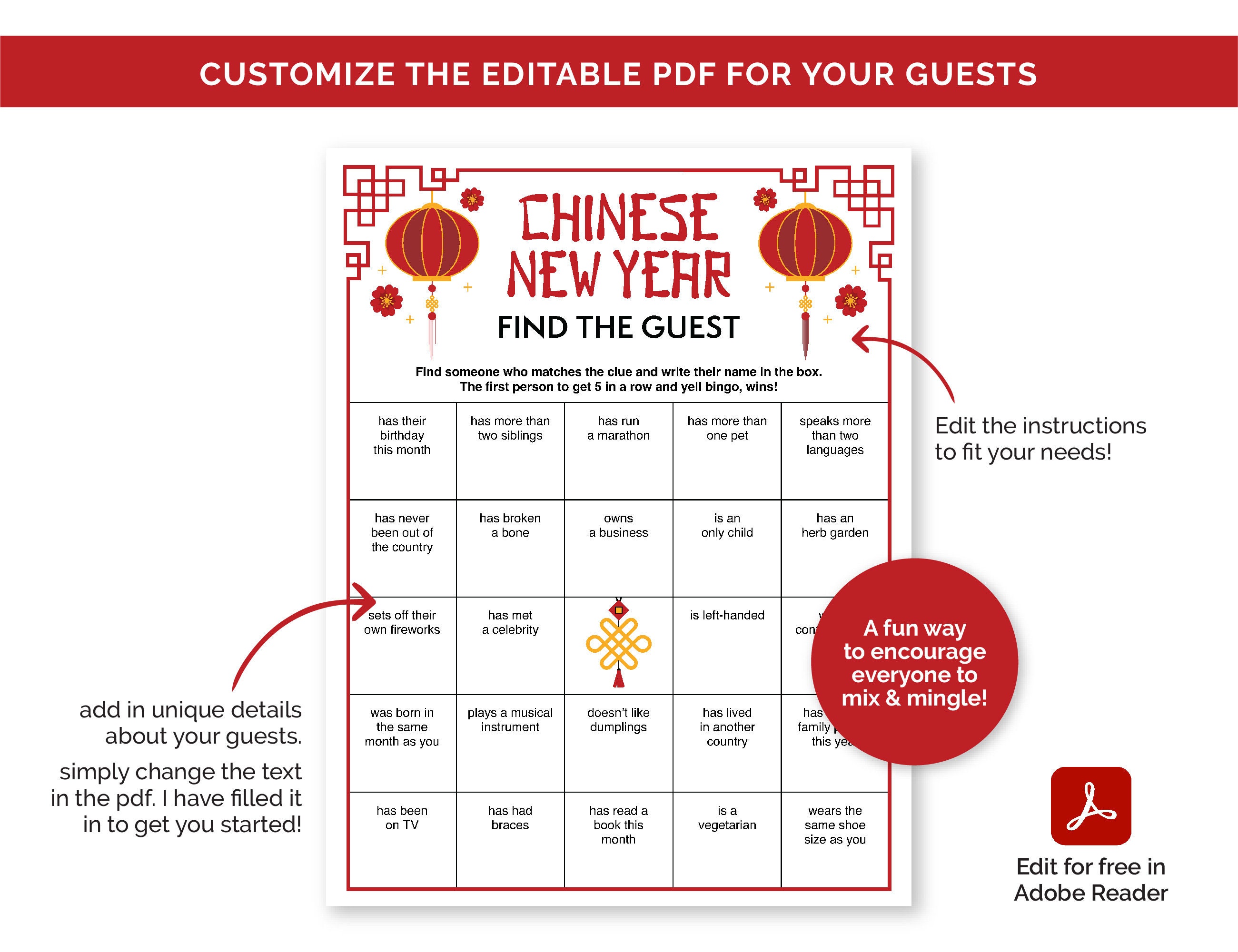 Editable Chinese New Year Find the Guest Bingo, Find Someone Who Human ...