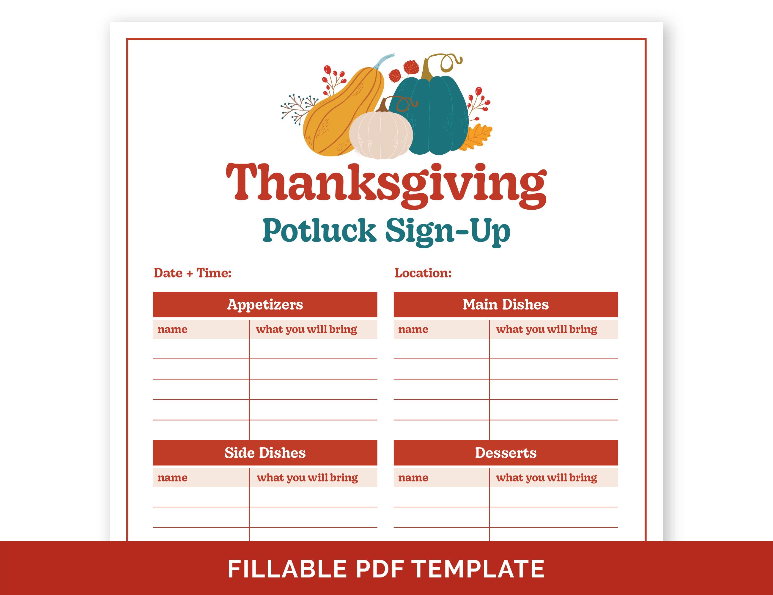 Thanksgiving Potluck Sign-up Sheet, Food Signup Fillable PDF for a ...