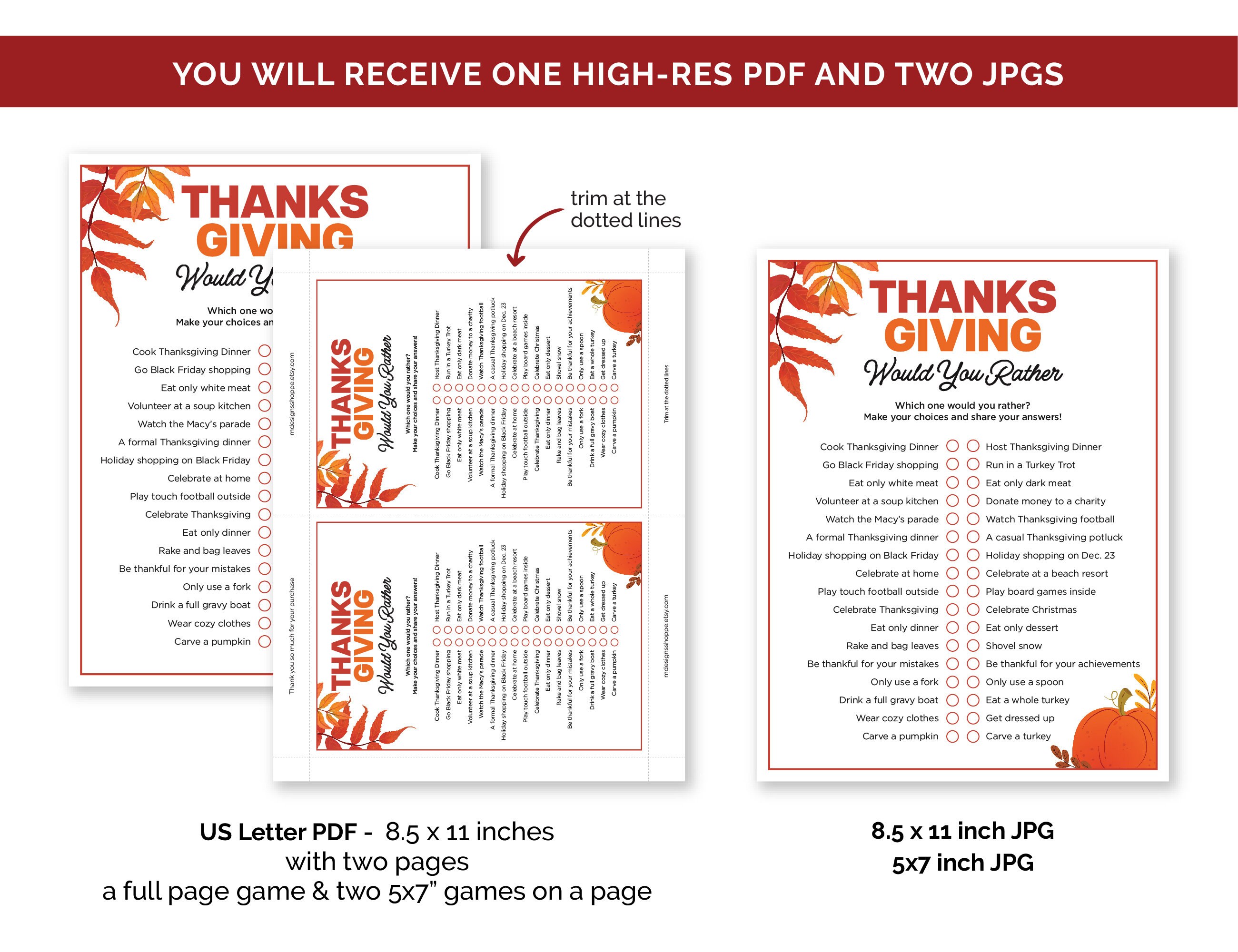 Thanksgiving Would You Rather, Printable Thanksgiving Dinner ...