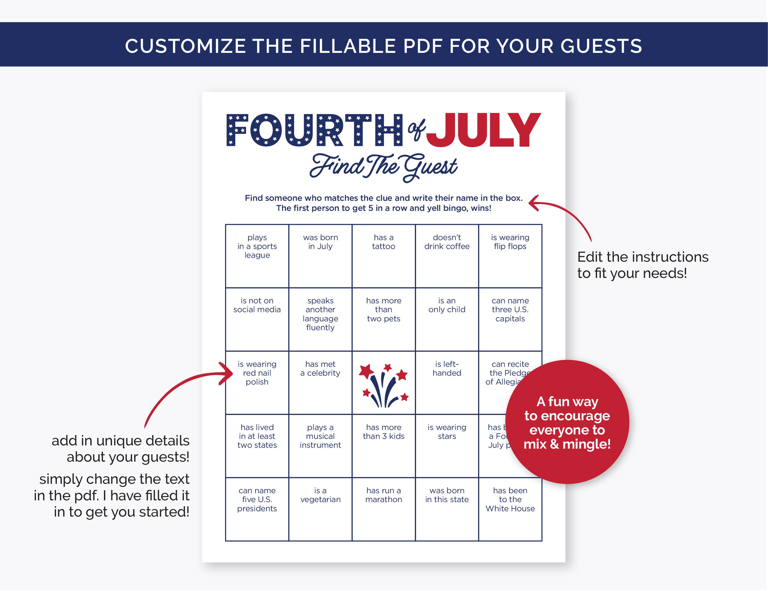 Fourth of July Find the Guest Bingo Game Printable Party Game - Etsy