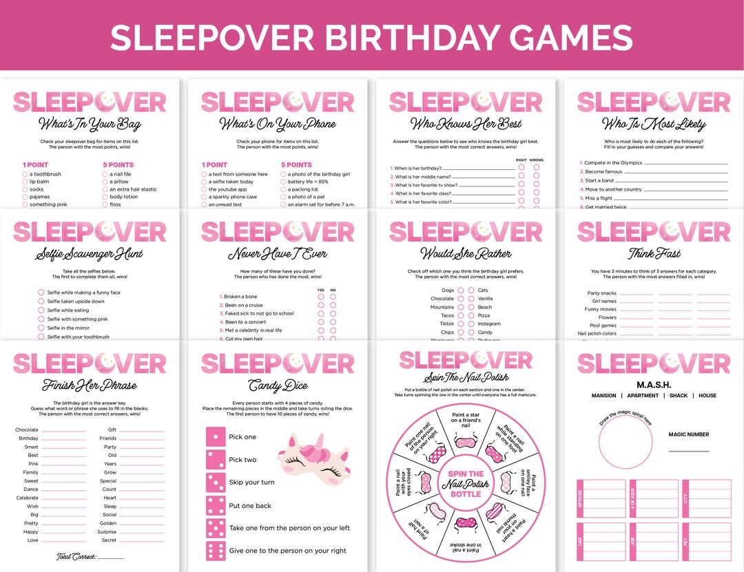 Sleepover Birthday Party Games Printable Games Bundle for a - Etsy UK
