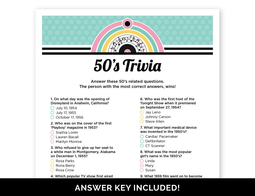 50's Trivia Game, Printable Quiz With Answers for a 50s Theme Party ...