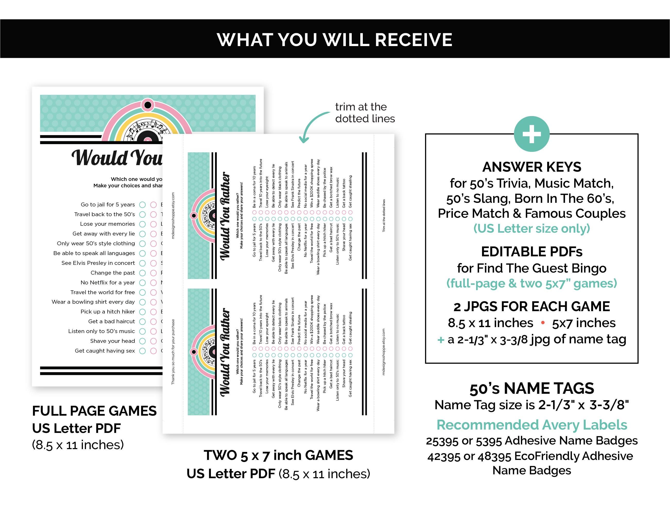 50s Party Games, Printable Games Bundle for a 50s Themed Party, Back to ...