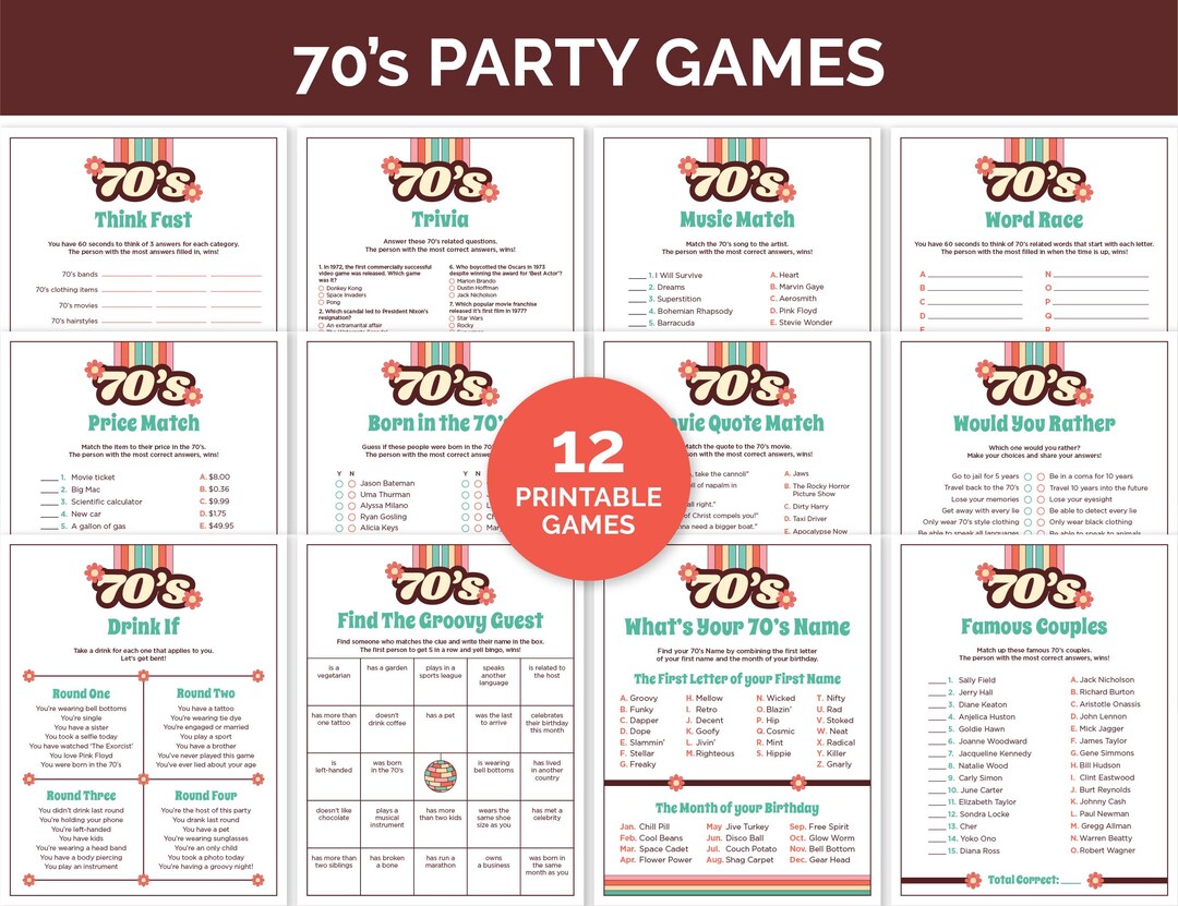 70s Party Games, Printable Games Bundle for a Retro 70s Theme Party ...