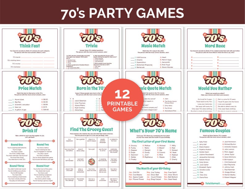 70s Party Games, Printable Games Bundle for a Retro 70s Theme Party ...