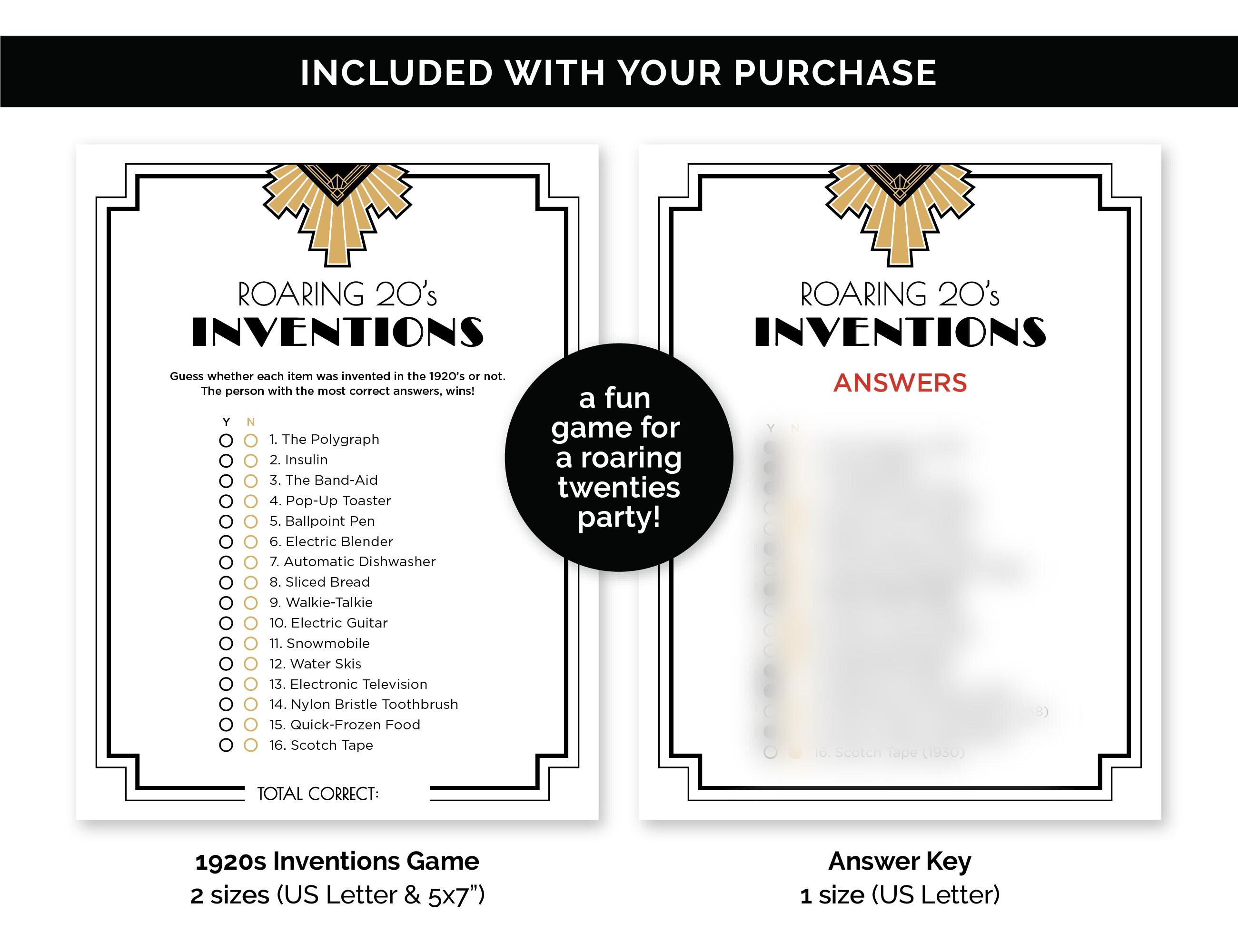 1920's Inventions Trivia Game, Printable Invention Quiz for a Roaring ...