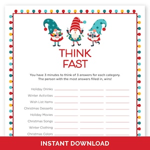 Christmas Think Fast Game for Kids & Adults, Printable Quick Think ...