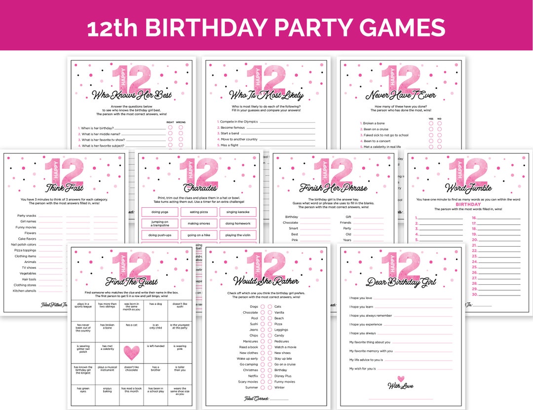 12th Birthday Party Games, Printable Birthday Game Bundle With Birthday ...