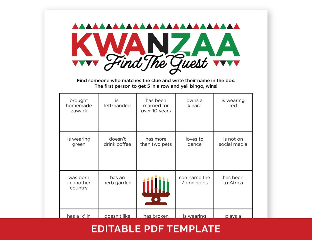 Editable Kwanzaa Find the Guest Bingo Game, Printable Kwanzaa Party Mix ...