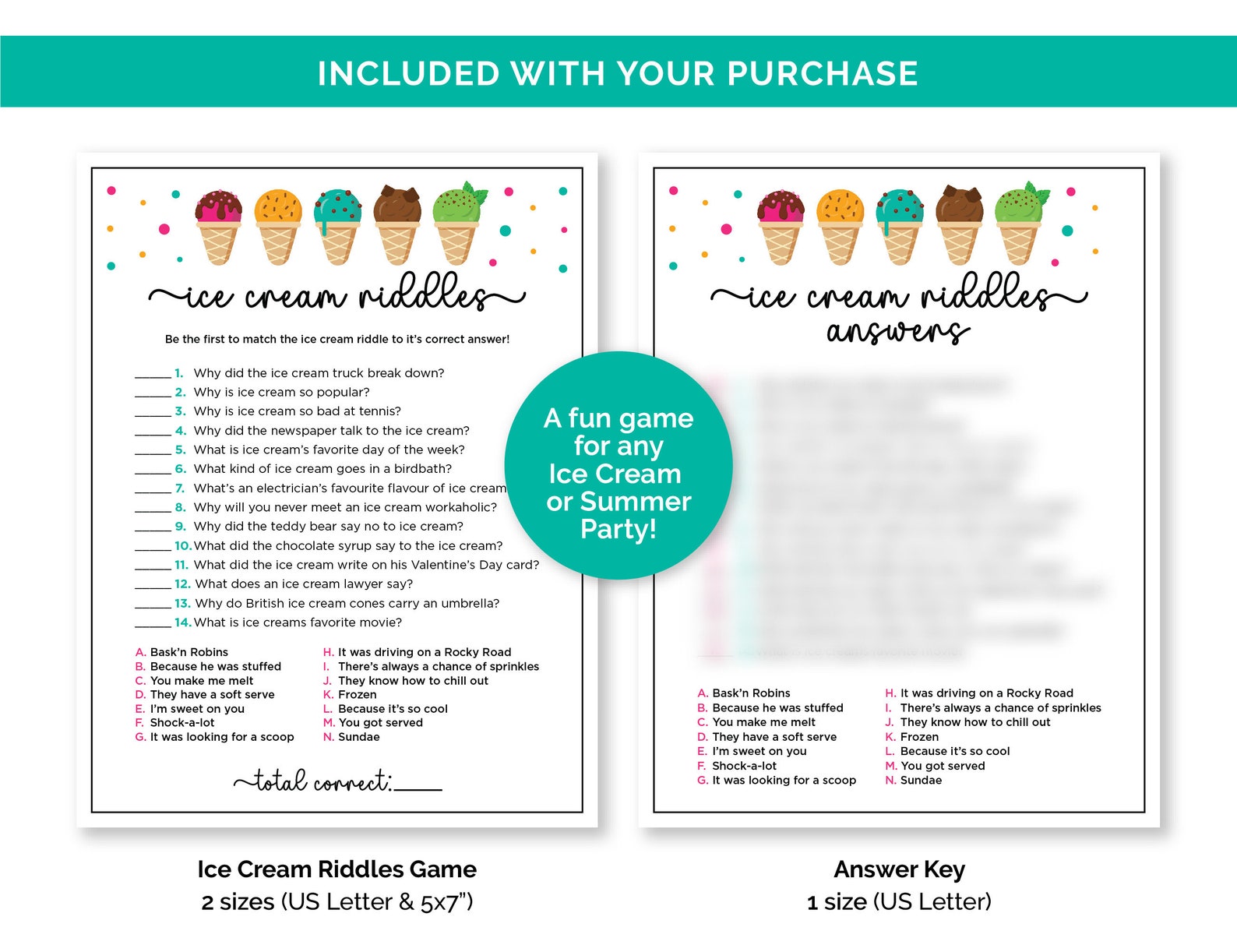 Ice Cream Riddles, Printable Riddle Me This Game for an Ice Cream ...