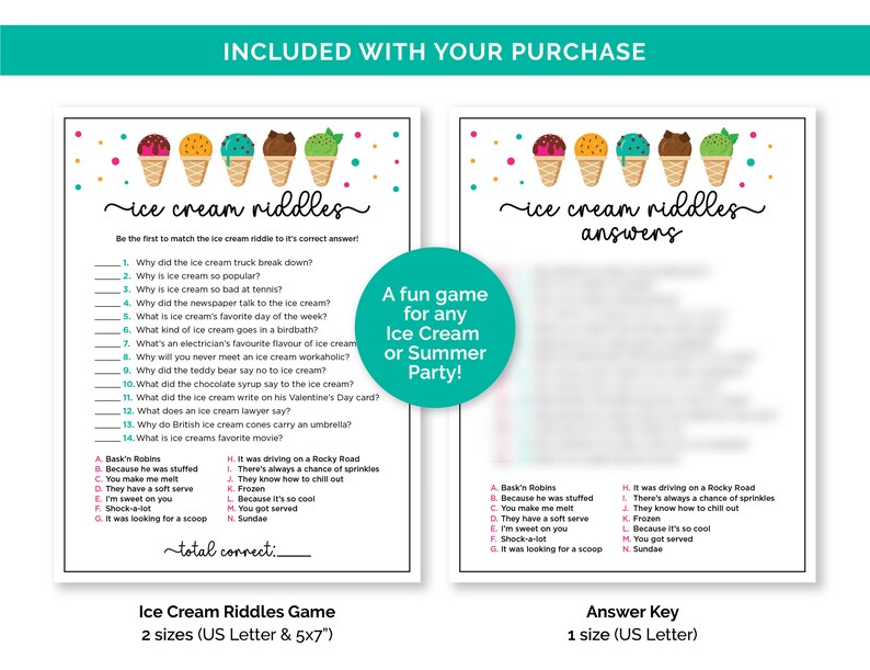 Ice Cream Riddles, Printable Riddle Me This Game for an Ice Cream ...