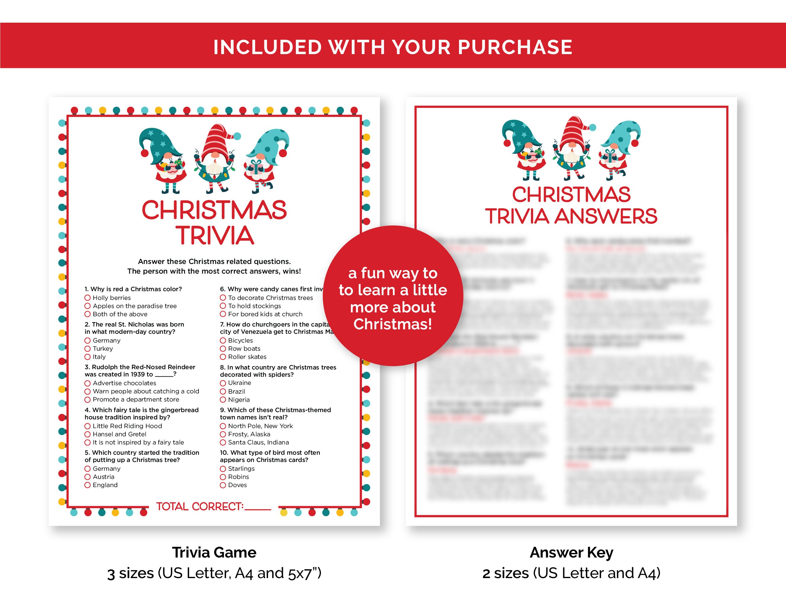 Christmas Trivia Game, Printable Quiz With Answers for a Family or ...
