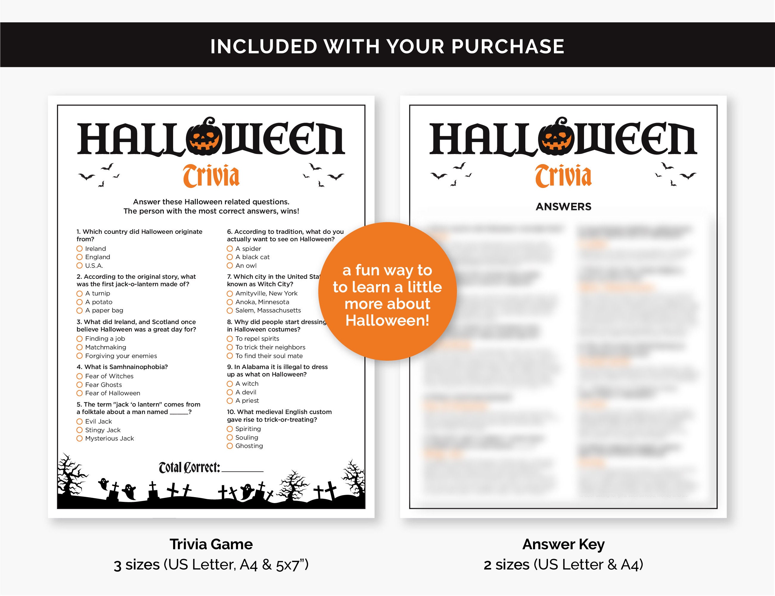 Halloween Trivia Game, Printable Quiz With Answers for a Family, Office ...