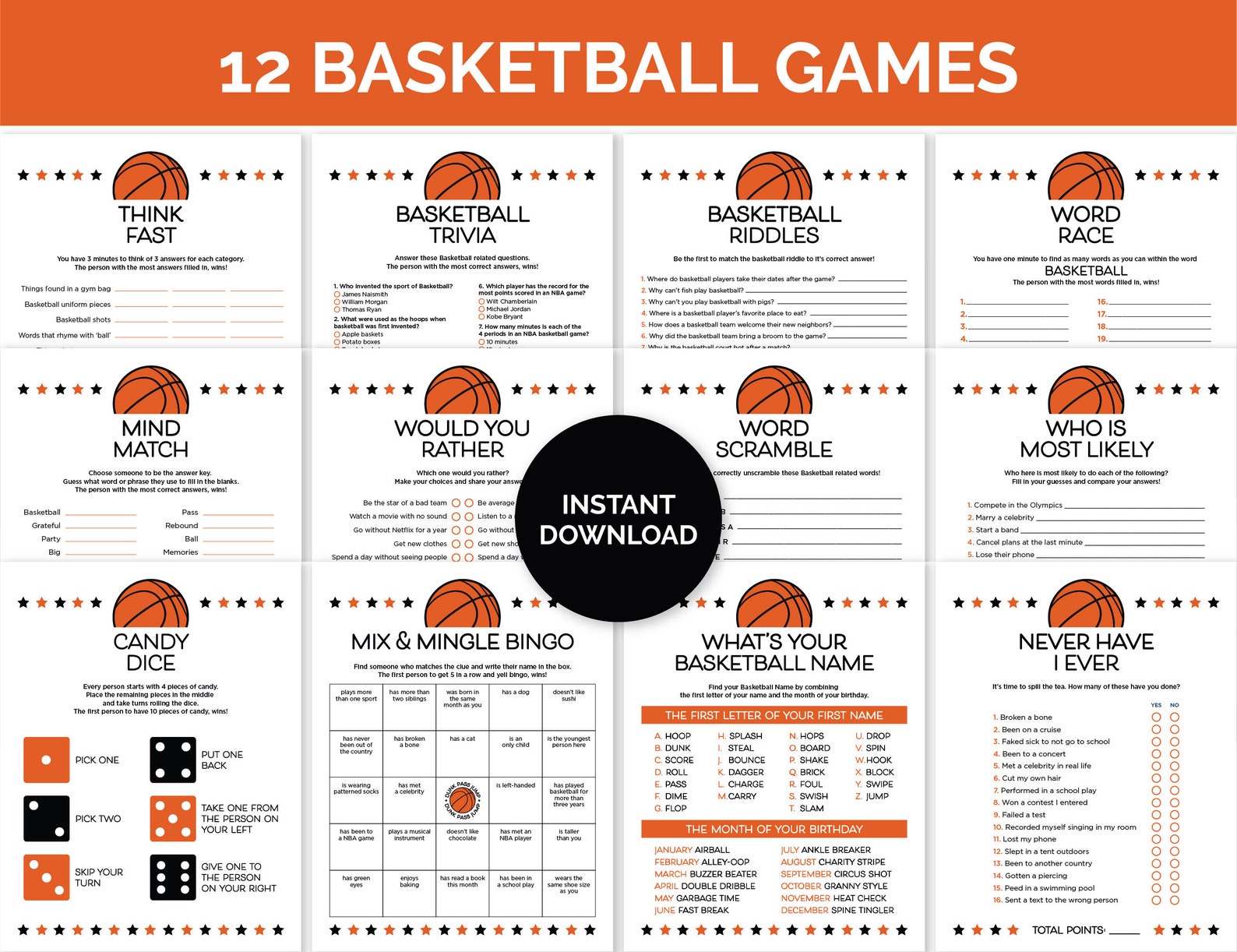 Basketball Games, Printable Games Bundle for a Basketball Team Party ...