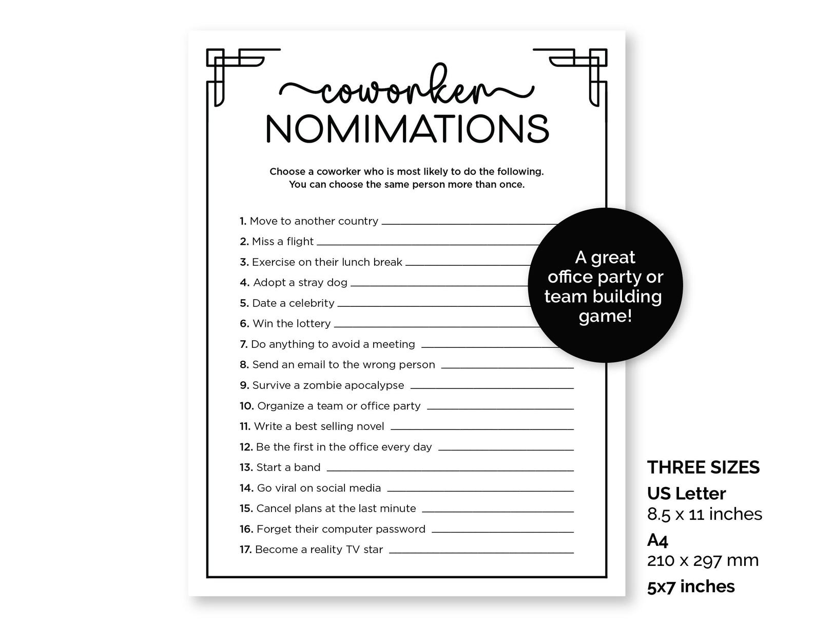 Coworker Nominations, Printable Team-building Game for a Work Party ...