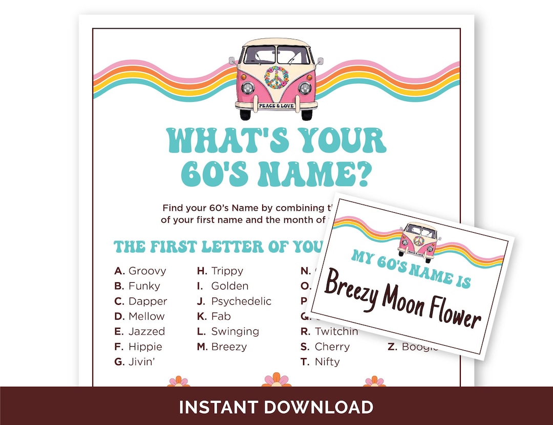 What's Your 60s Name, Printable Groovy 60s Party Game, 60s Name ...